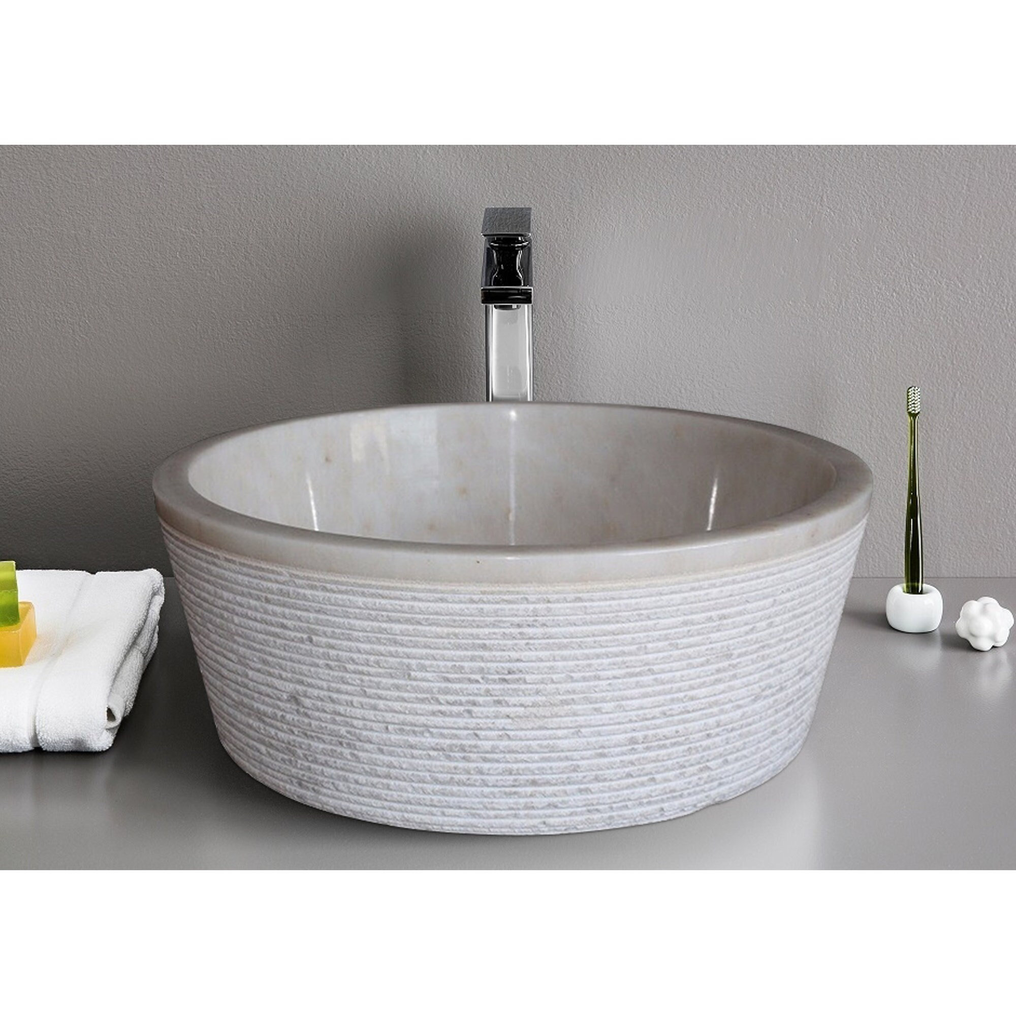 European Sugar Marble Tapered Vessel Sink, Combed Finish(D)16" (D2)14 ...