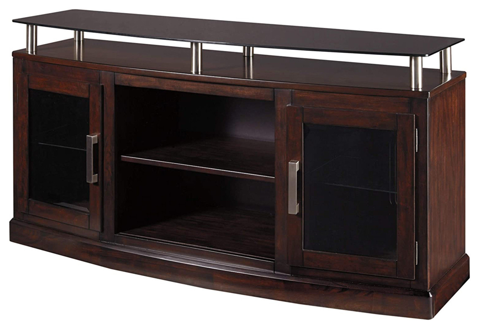 Contemporary TV Stand, Raised Glass Top and 2 Doors With Brushed Nickel ...