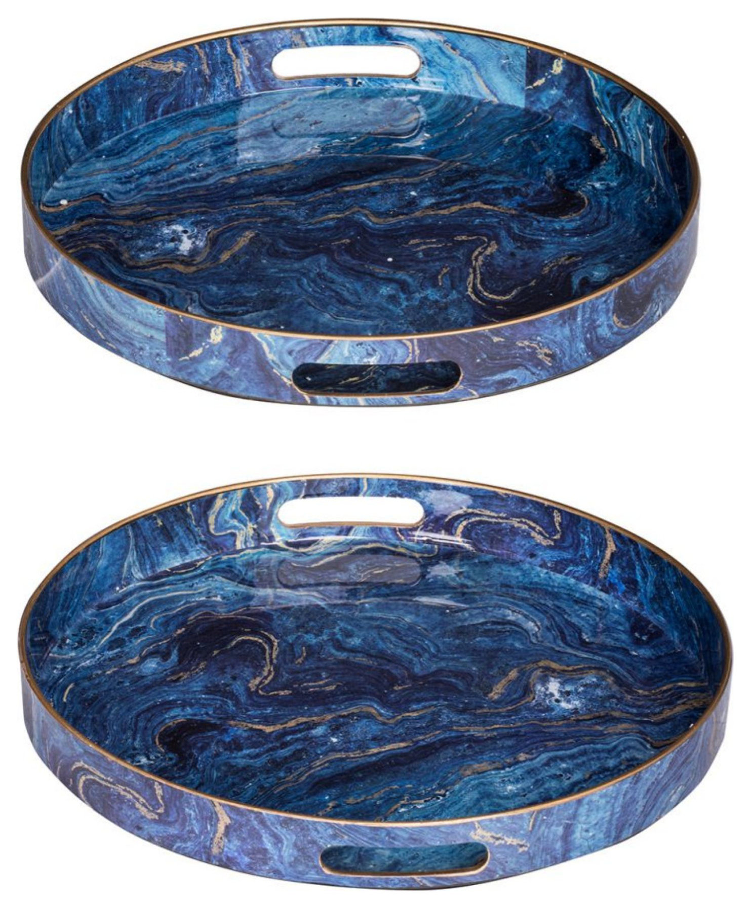 Set of 2 Blue and Bronze Modern Chic Round Trays 13.75" - Contemporary ...