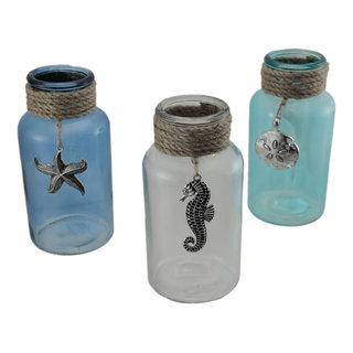 Blue Green and Clear 3 Piece Rope Wrapped Coastal Glass Vase Set, Small ...