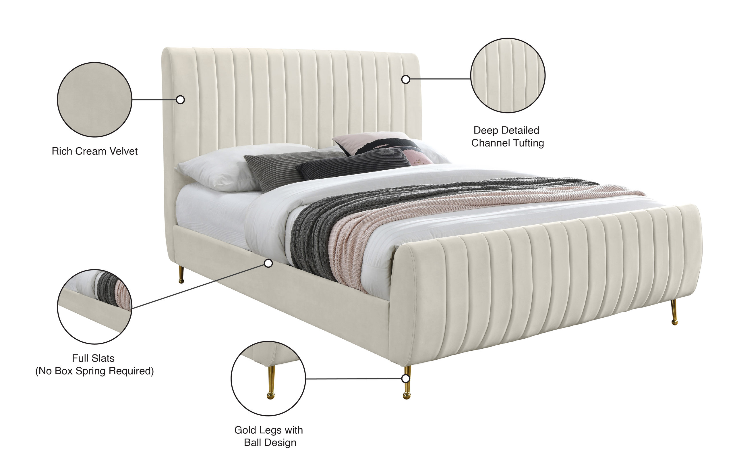 Zara Channel Tufted Velvet Upholstered Bed With Custom Gold Legs, Queen ...