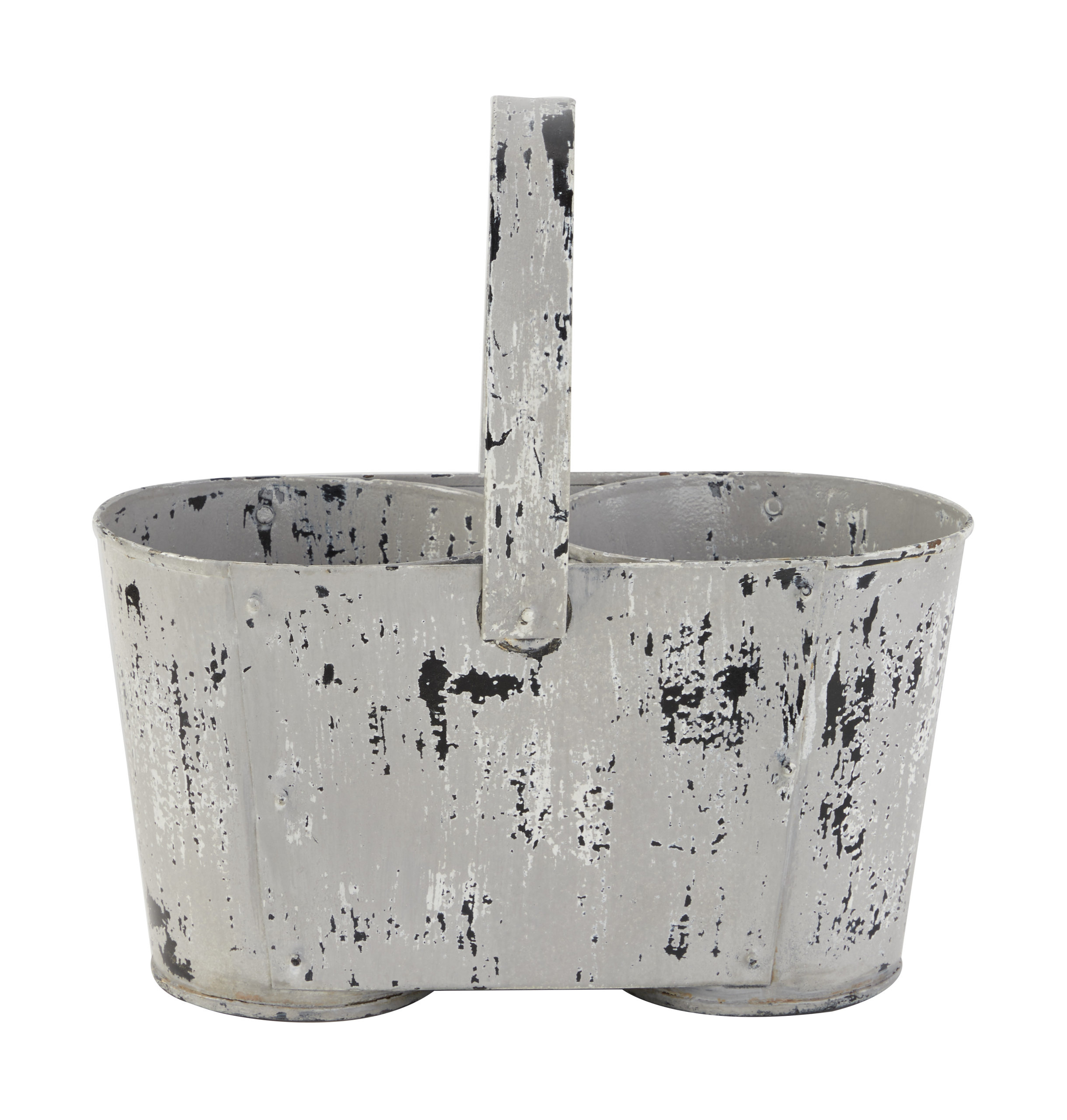 Farmhouse Style Distressed Double Metal Planter with Handle, White ...