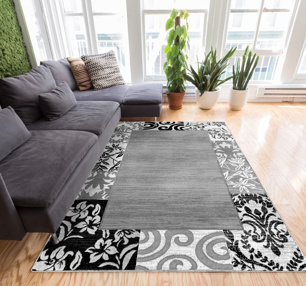 Well Woven Dulcet Damask Modern Solid Floral Border Gray Area Rug, 3'3 ...