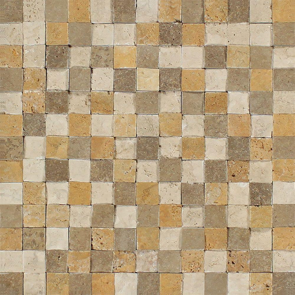 Mixed Travertine Mosaic (Ivory + Noce + ), 1 X 1 Split-Faced, 10 sq.ft ...