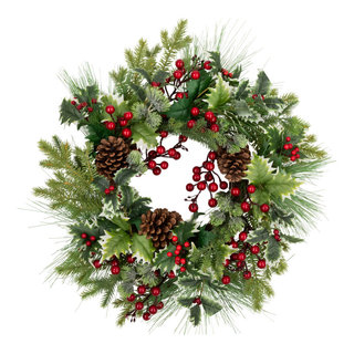 Holly and Berries Frosted Thistle and Pine Artificial Christmas Wreath ...