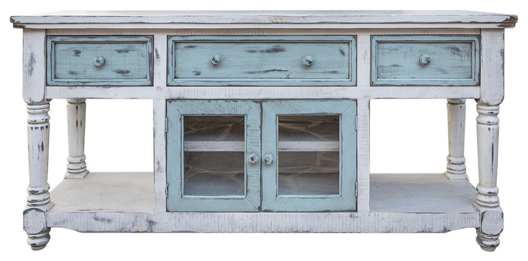 70" Blue and White Solid Wood Open shelving Distressed TV Stand ...