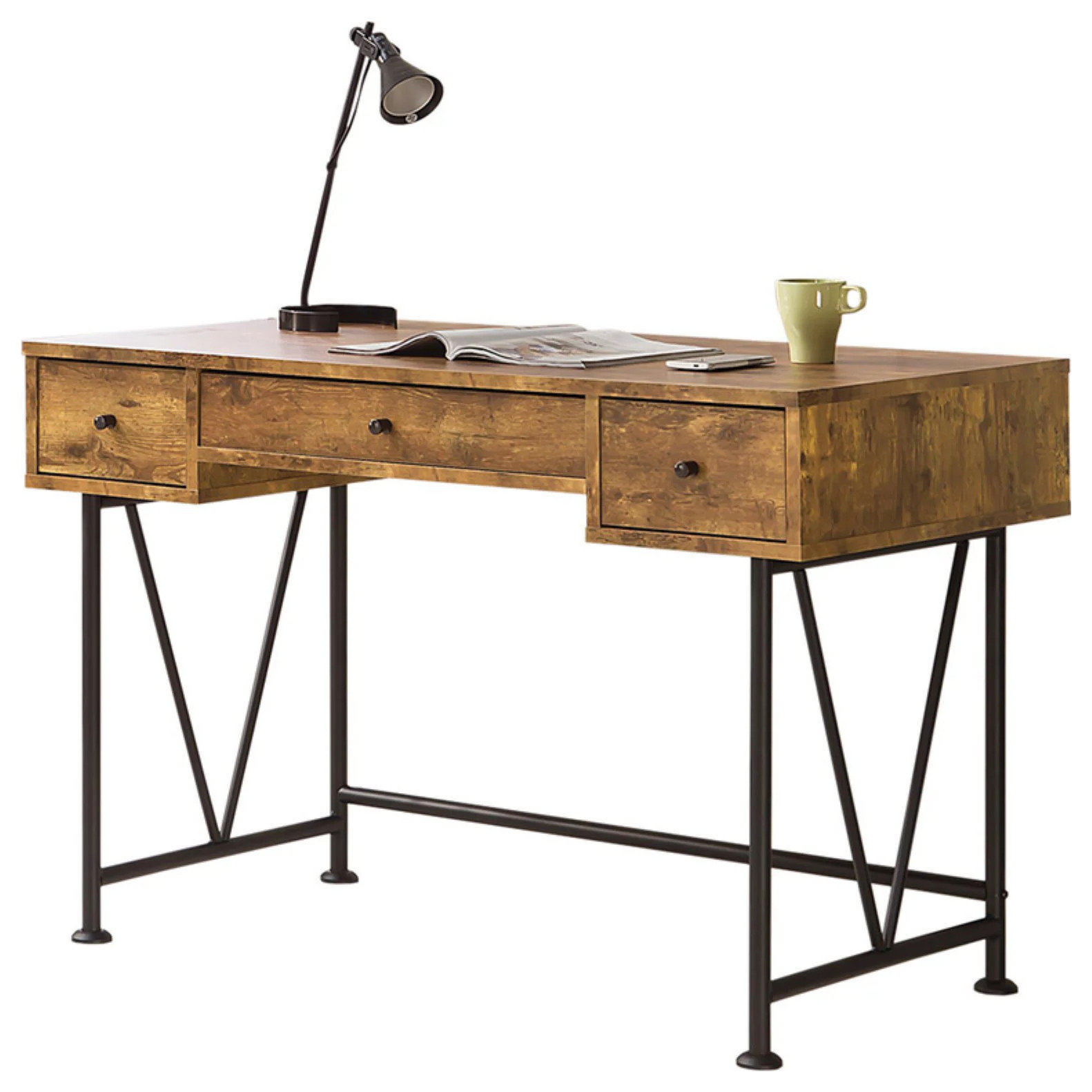 Rustic Industrial Desk With Metal Base, 3 Drawers & V-Shaped Support ...