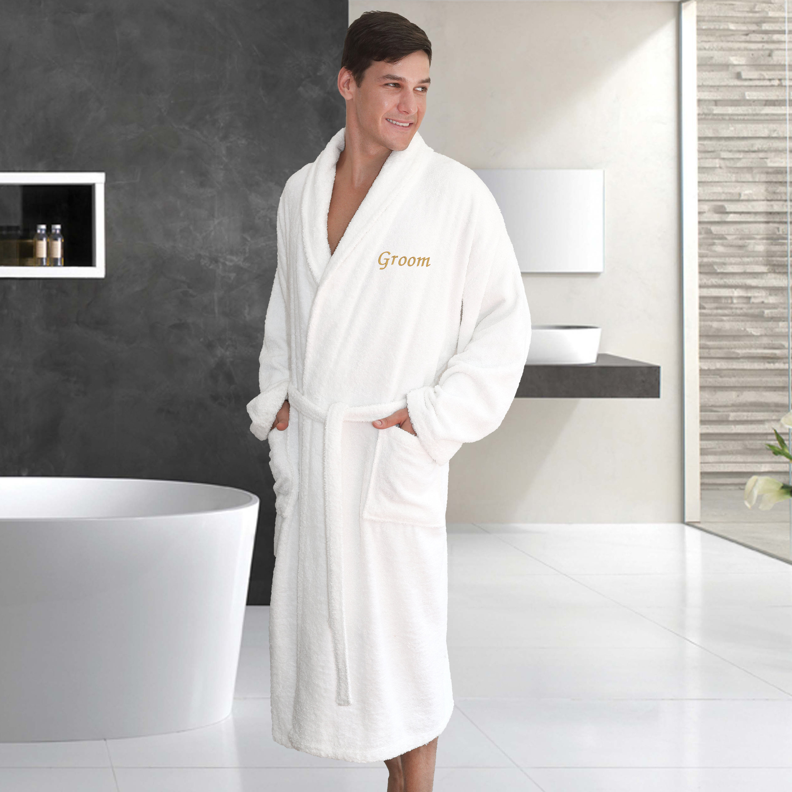 Terry Groom Bathrobe Gold Embroidery, Small/Medium - Contemporary ...