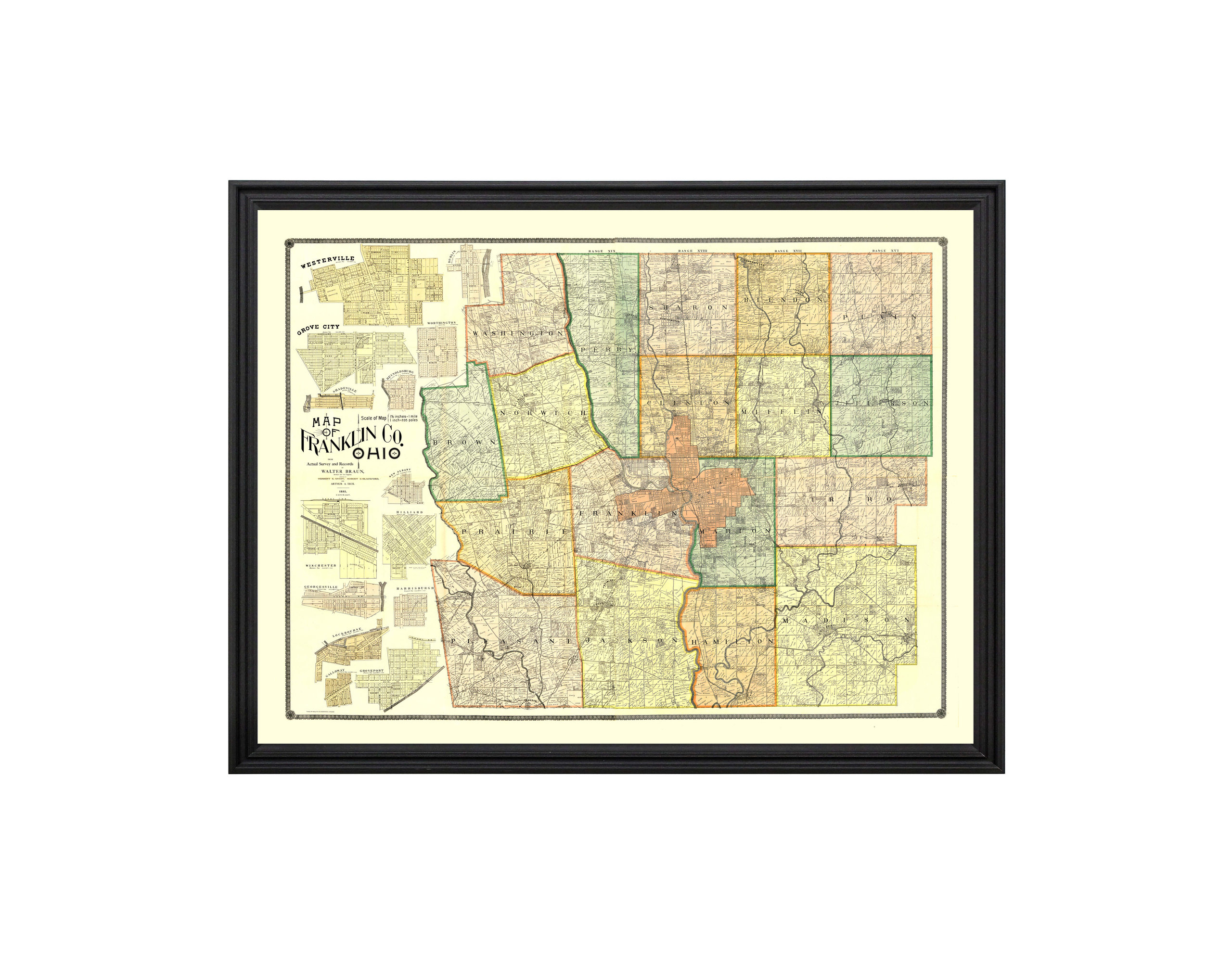 Franklin County Map Framed Art 1895, Vintage Ohio Wall Decor, 24x18 ...
