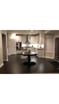 Pottery Barn black printers media with navy bryson rug