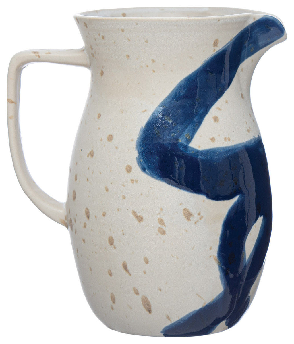 Hand-Painted Stoneware Pitcher, Reactive Glaze, Cream/Blue ...