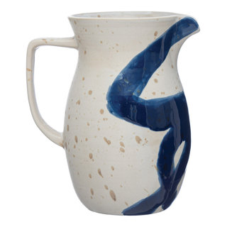 Hand-Painted Stoneware Pitcher, Reactive Glaze, Cream/Blue ...