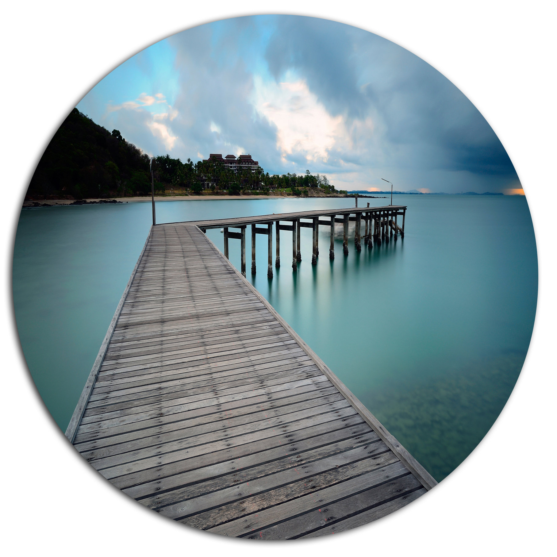Wooden Bridge To Calm Ocean, Modern Bridge Round Wall Art, Disc of 38 ...