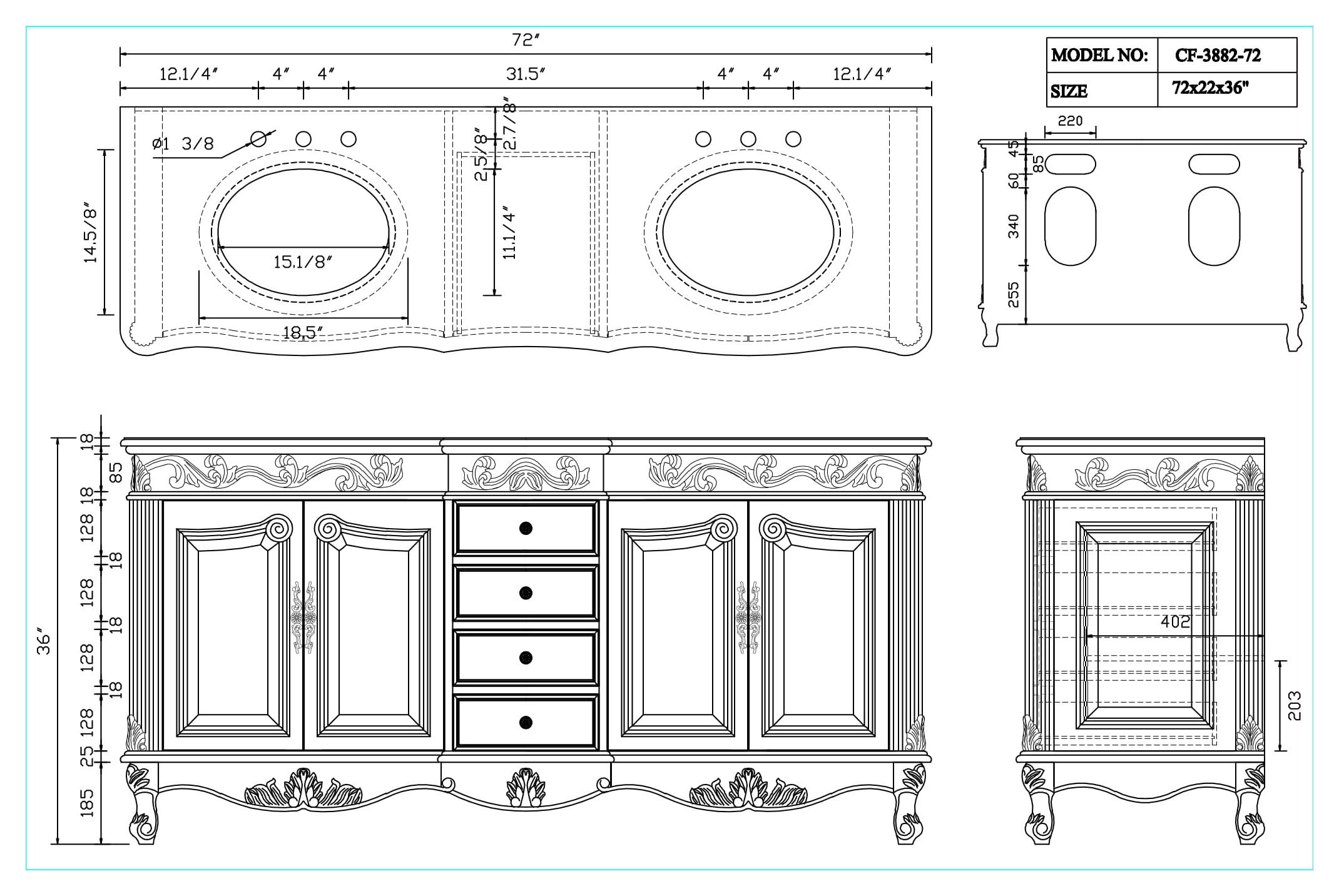 72 Inch Antique White Double Sink White Top Beckham Bathroom Vanity ...