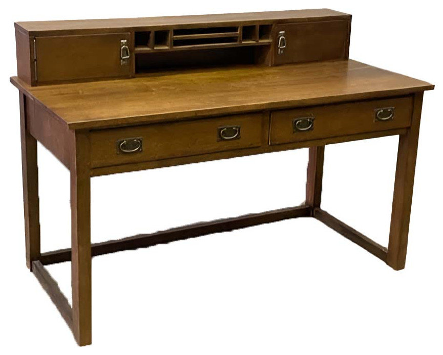Mission Style Oak Library Table with Hutch - Walnut Stain - Craftsman ...