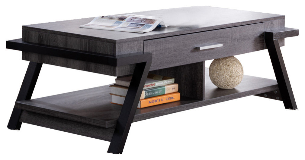 Wooden Coffee Table with Angled Leg Support and Drawer, Black and Gray ...