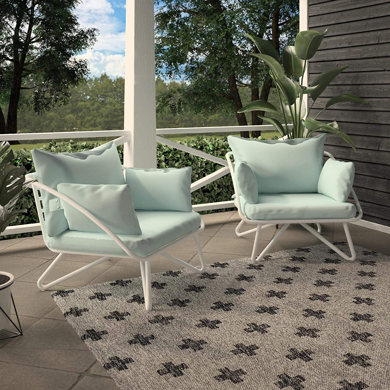 2-Piece Outdoor Lounge Chair Set with Geometric Frame and Aqua Haze ...