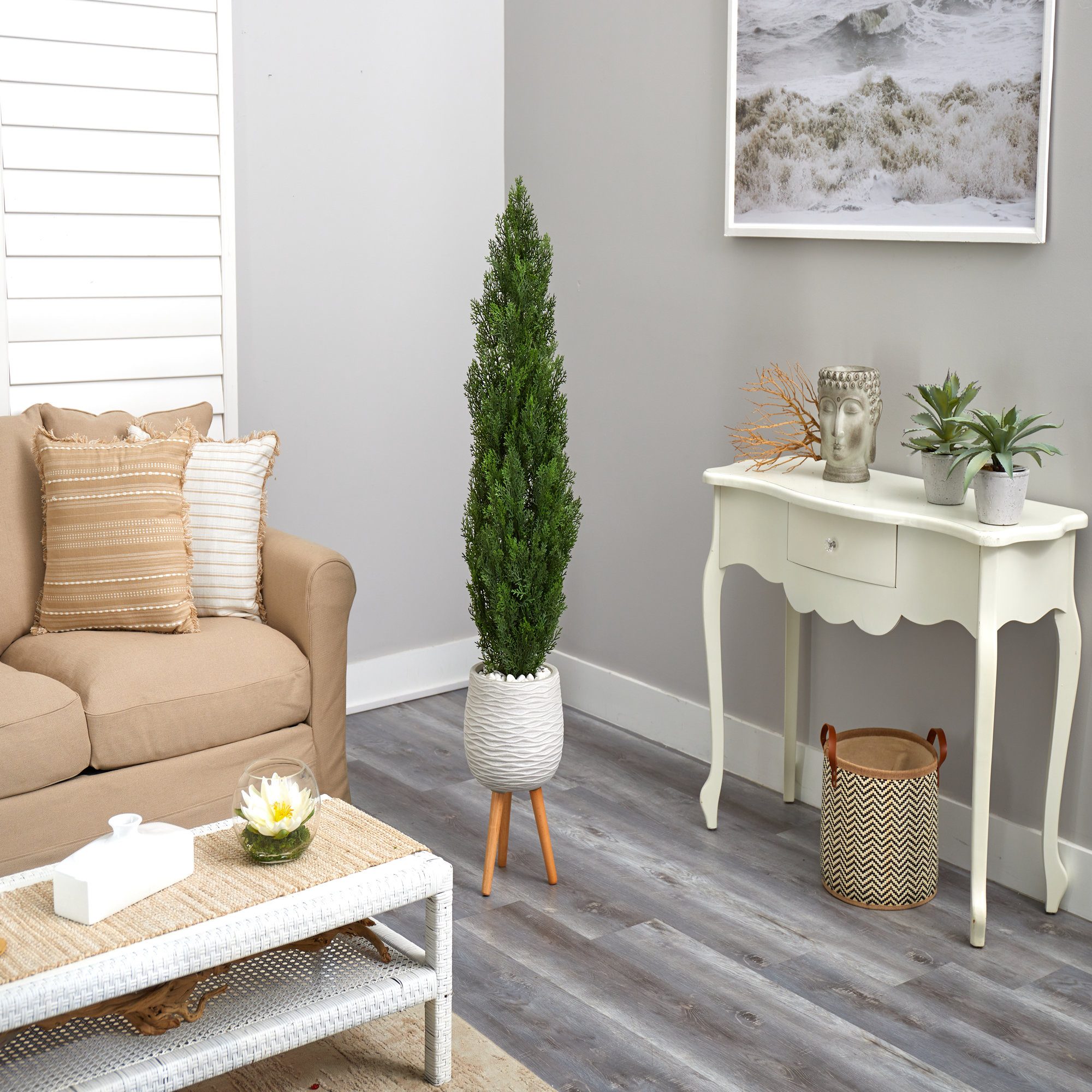 5' Cedar Artificial Tree, White Planter With Stand, Indoor/Outdoor ...