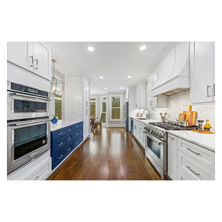 White and Navy Galley Kitchen with Custom Vent Hood - Kitchen ...