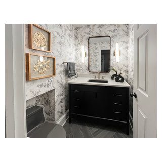 Powder Room with Black Vanity, Quartz Countertop, Champagne Bronze ...