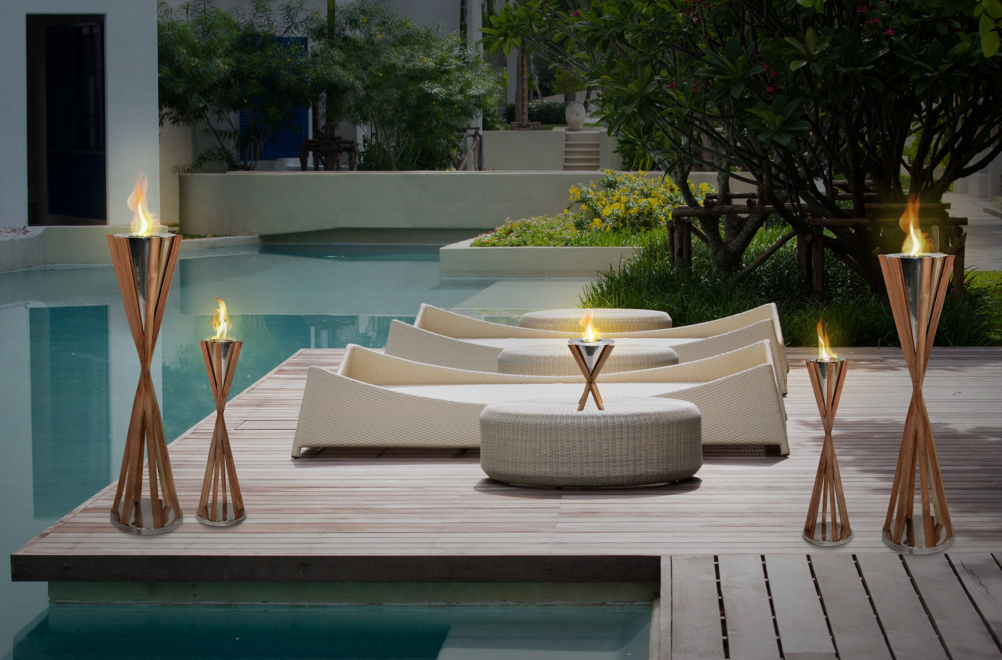 Luxe Freestanding Modern Teak Wood Torch Light, 50" Outdoor Flame ...