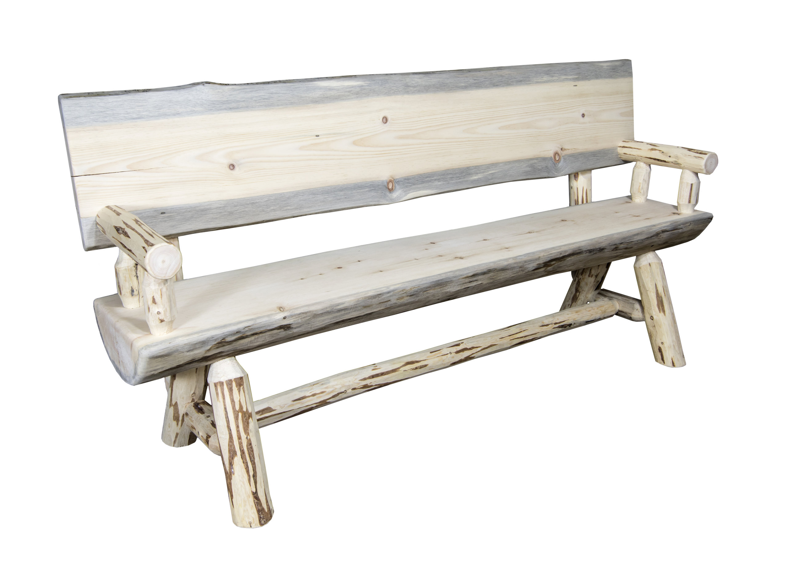 Montana Half Log Bench With Back And Arms In Clear Lacquer Finish ...