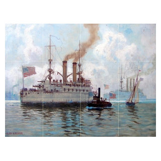 Tile Mural, Wall Backsplash Seascape Ship Steamer, 6" Marble - Beach ...