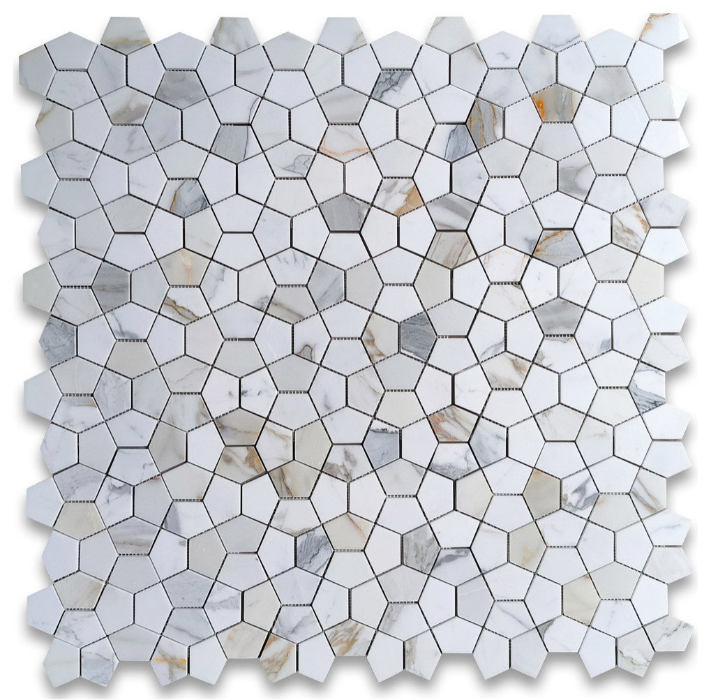 Calacatta Gold Marble Pentagon Geometric Mosaic Tile Polished, 1 sheet ...