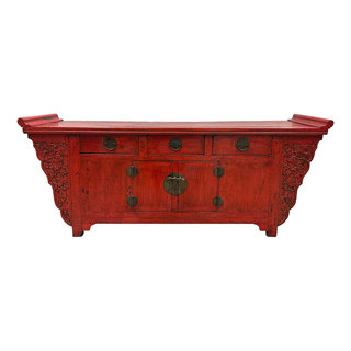 Consigned Chinese Red Lacquered Altar Cabinet, Buffet Table, Sideboard ...