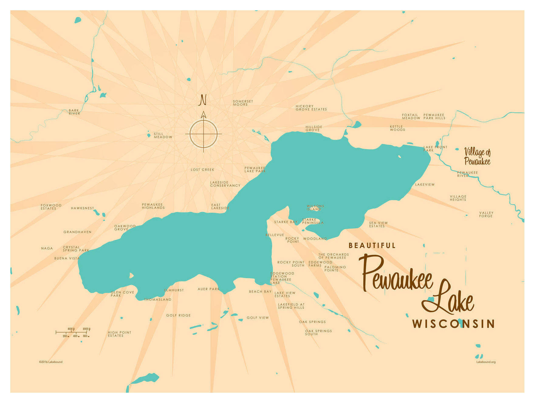 Lakebound Pewaukee Lake Wisconsin Map Art Print, 18"x24" - Contemporary ...