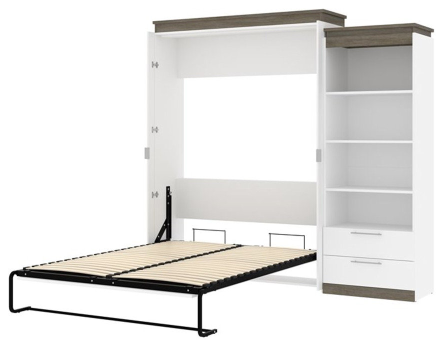 Bestar Orion 95" Queen Murphy Bed and Bookcase with Drawers in White ...