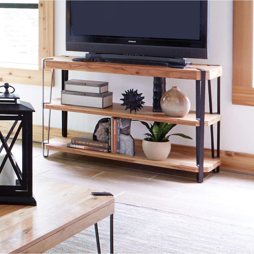 Industrial Console Table, Integrated Black Metal Legs & 3 Acacia Tiers ...