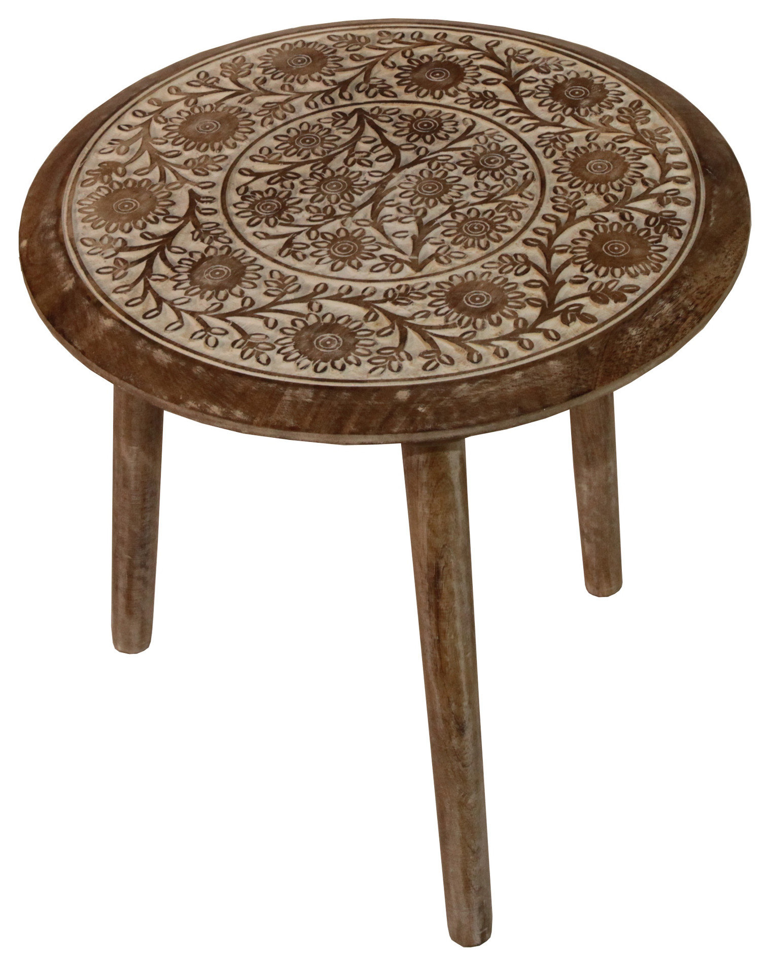 Benzara Traditional Round Top Wooden Accent Table with Intricate Design ...
