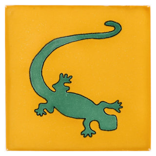 Tierra y Fuego Handmade Ceramic Tile, 4.25x4.25" Green Gecko in Yellow ...