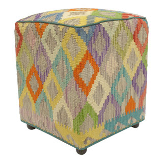 Boho Chic Hinton Handmade Kilim Upholstered Ottoman, 15 in. x 15 in. x ...