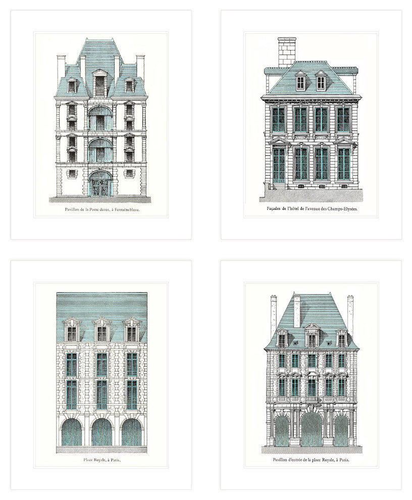 Set of 4, French Architectural Illustrations with Blue Detailing 8"x10 ...