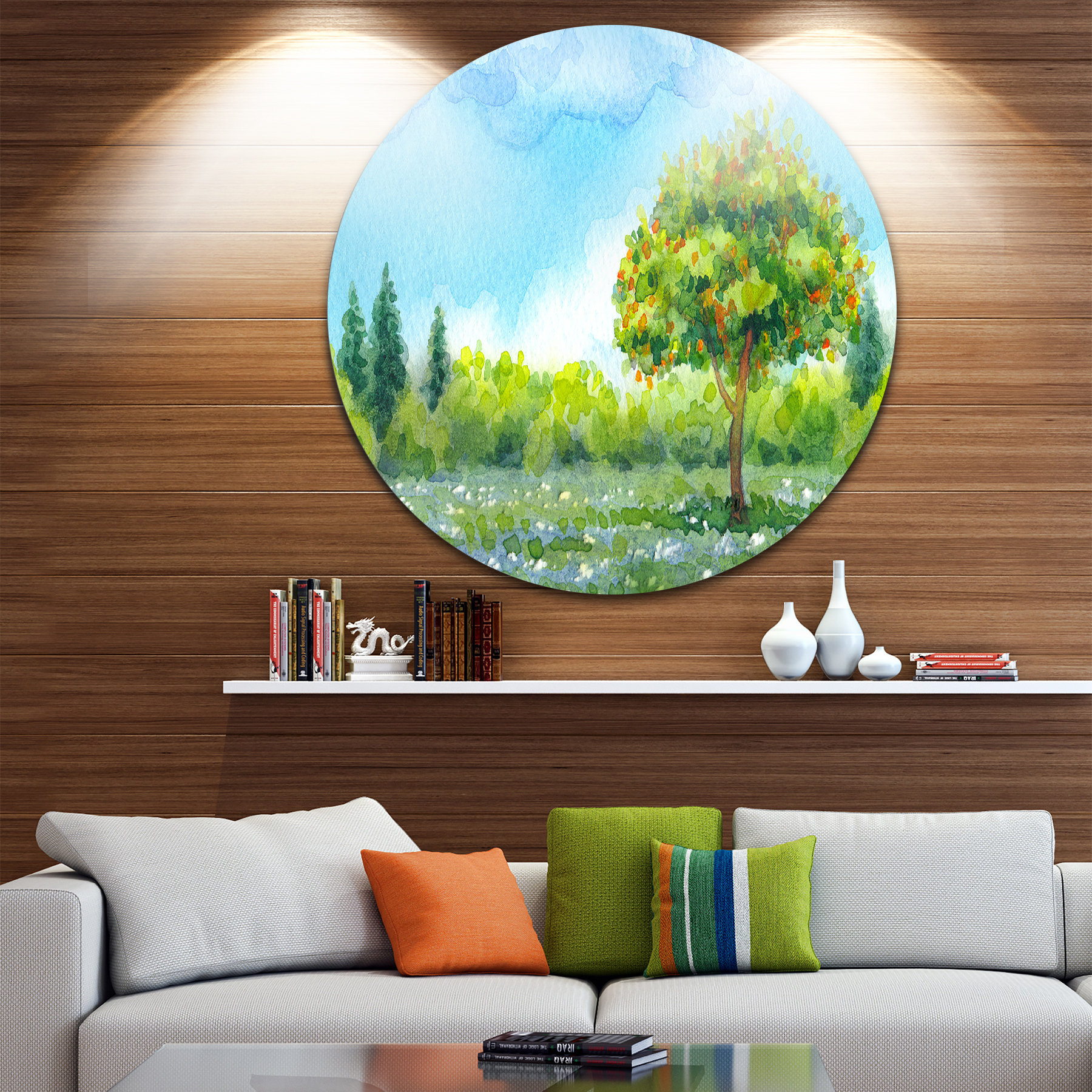 Tree In Spring, Watercolor Painting Landscape Disc Metal Artwork, Disc ...