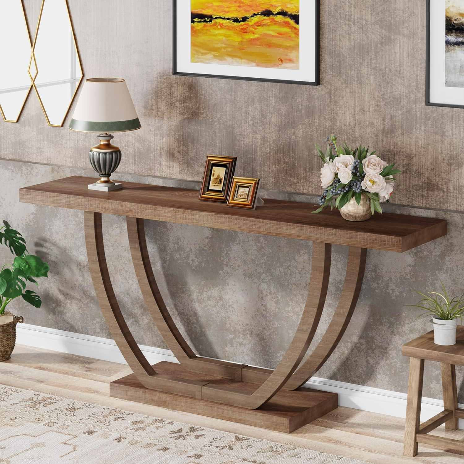 Narrow Rustic Console Table with U-Shaped Base and Spacious MDF ...