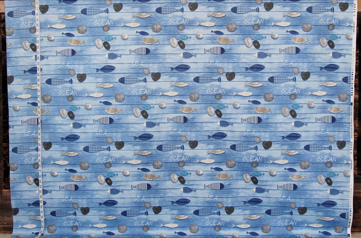 Blue Beach Fabric Seashore Weathered Boards Wooden Fish Stones ...