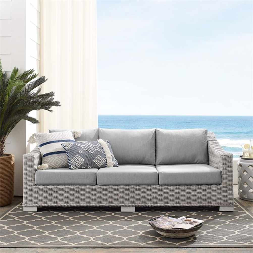Modway Conway Modern Rattan & Fabric Outdoor Sofa in Light Gray ...