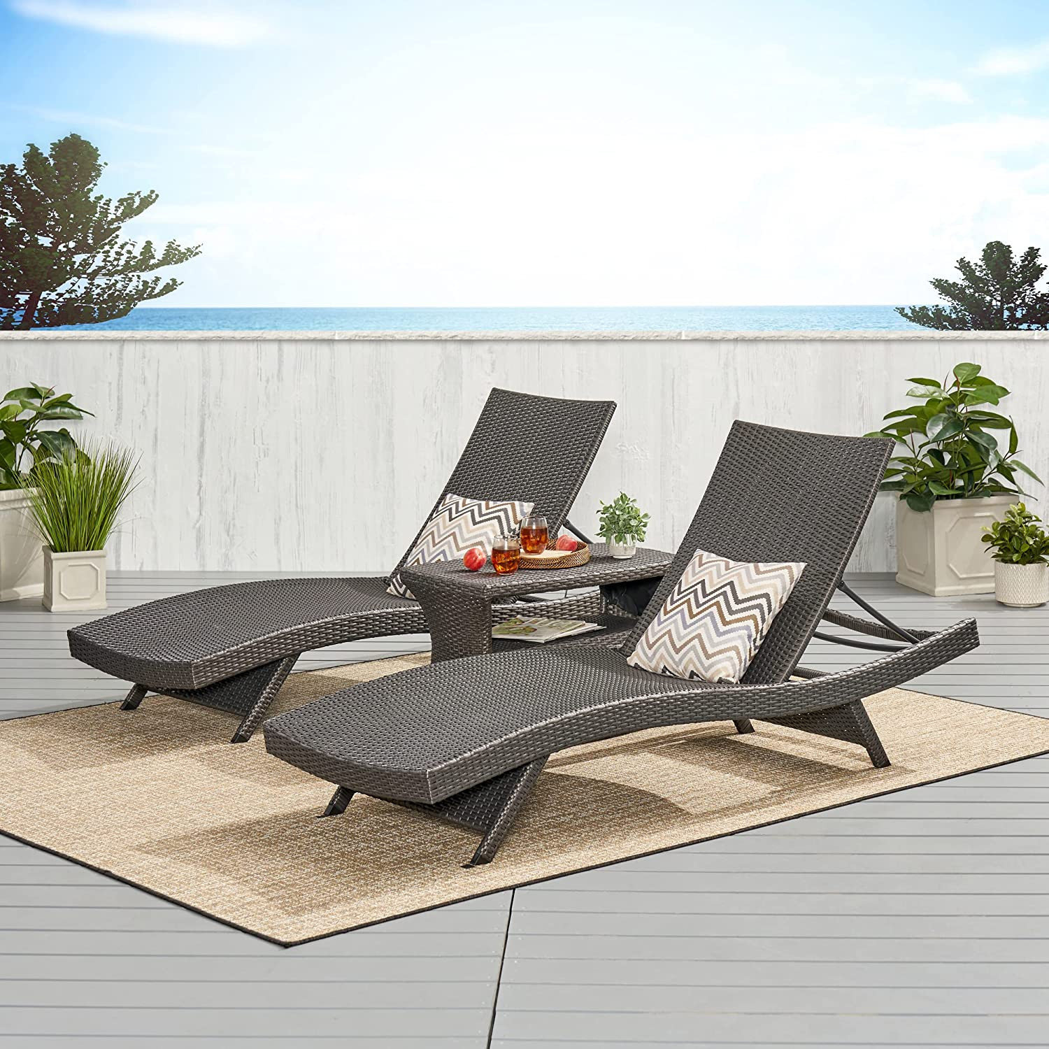 Outdoor 3-Piece Lounge Set, Wicker Chaise Lounges and Table with ...
