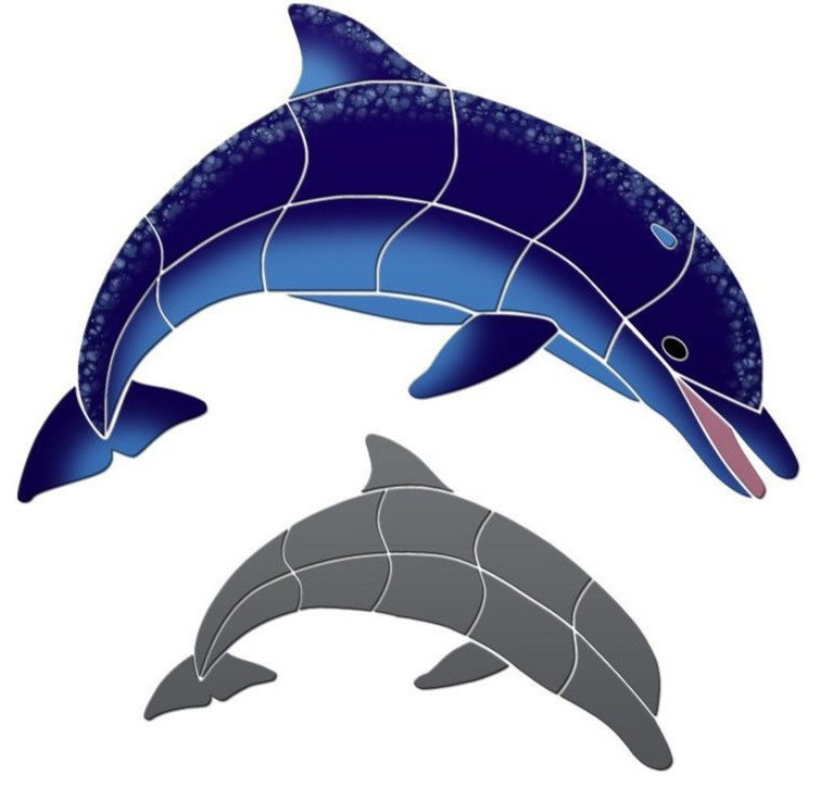 Down Swimming Dolphin Ceramic Swimming Pool Mosaic, 24"x15" with shadow ...