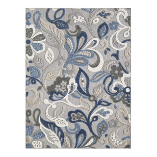8"x10" Blue Gray Jacobean Floral Indoor Outdoor Area Rug - Contemporary ...