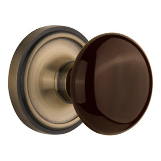 Classic Rosette Passage Brown Porcelain Knob, Bright Chrome, Backset Size: 2.75" - Transitional ...