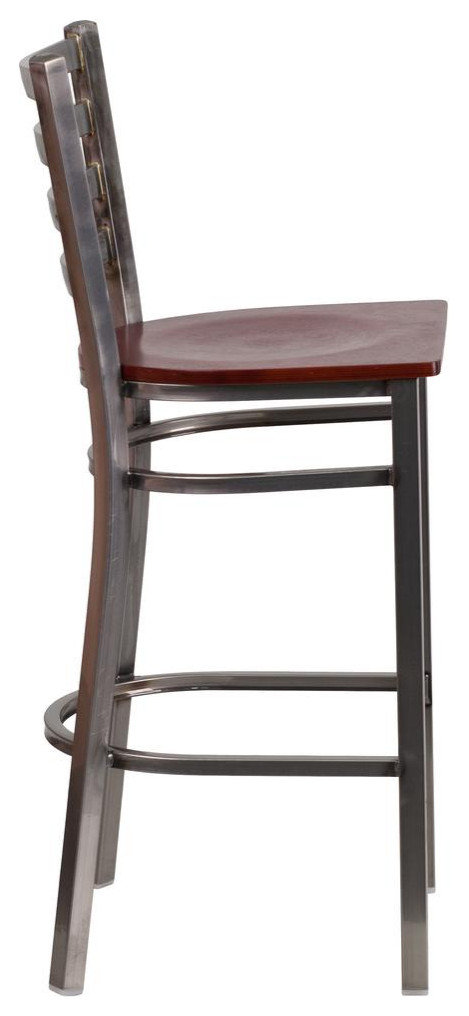 Clear Coated Ladder Back Metal Restaurant Barstool - Mahogany Wood Seat ...