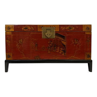 45" Antique Lucky Chinese Red Trunk Hand Painted Lacquer On Solid Pine ...