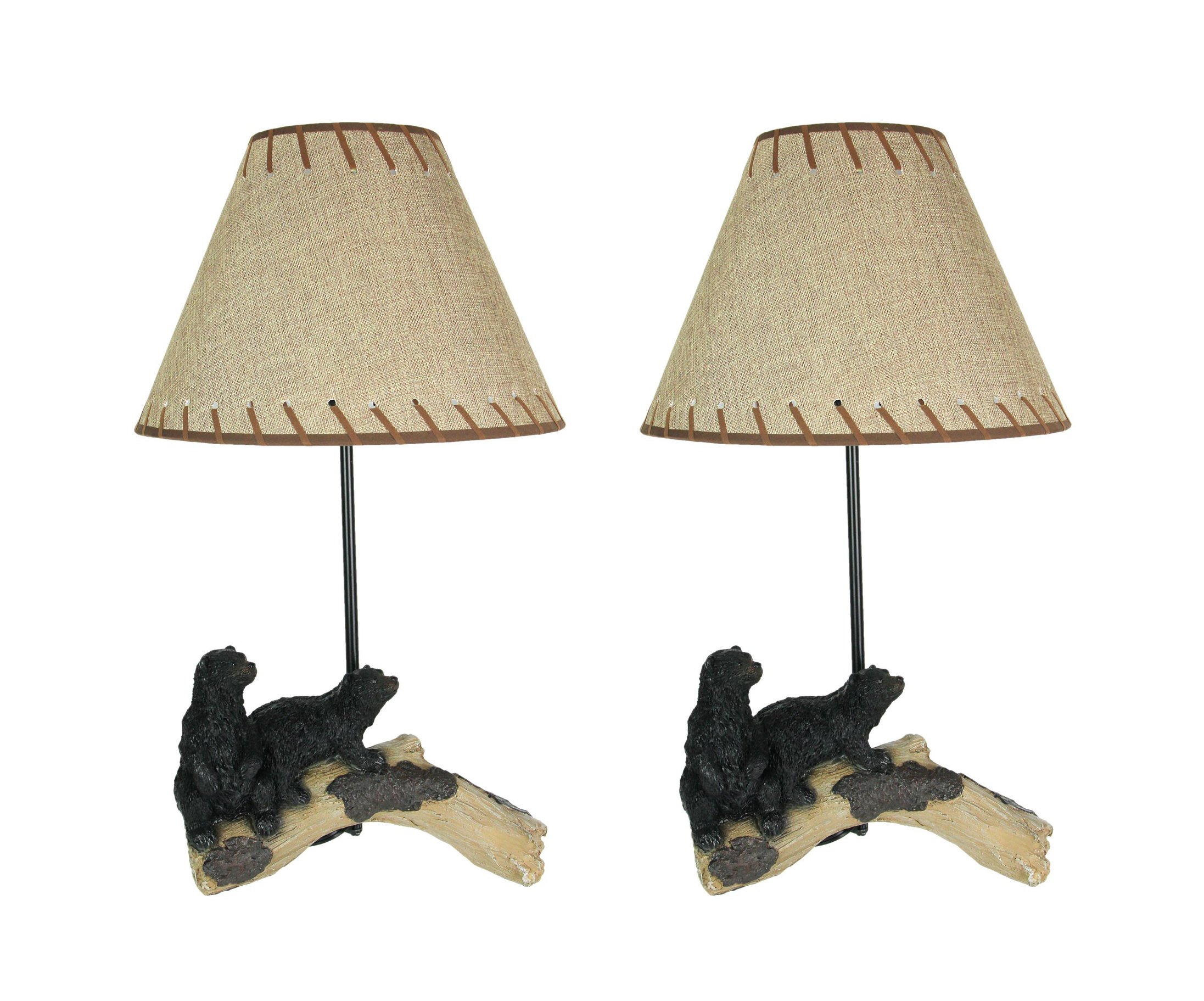 Set of 2 Log Sitting Black Bear Couple Table Lamps W/ Burlap Shades Lodge Decor, One Size ...