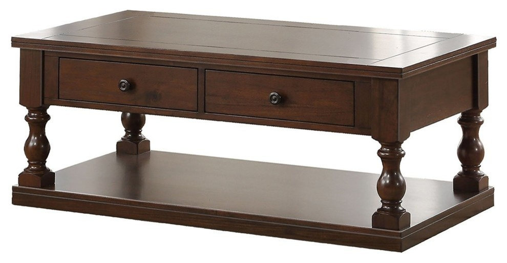 Wooden Cocktail Table with Two Drawers & One Shelf, Cherry Brown ...