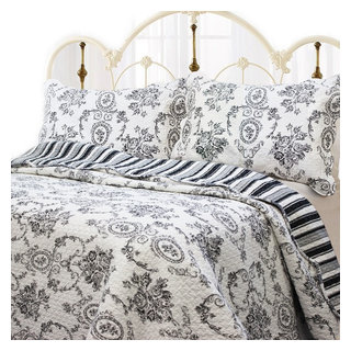 French Medallion Black Reversible 100%Cotton 3-Piece Quilt Set, King ...