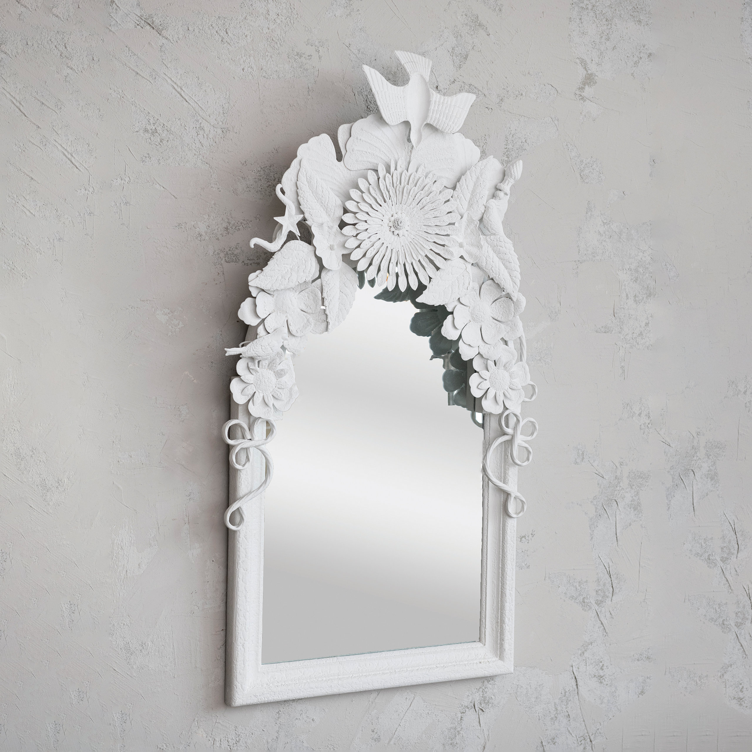 49.52 in. Wood Frame Wall Mirror With Embossed Flowers and Birds ...